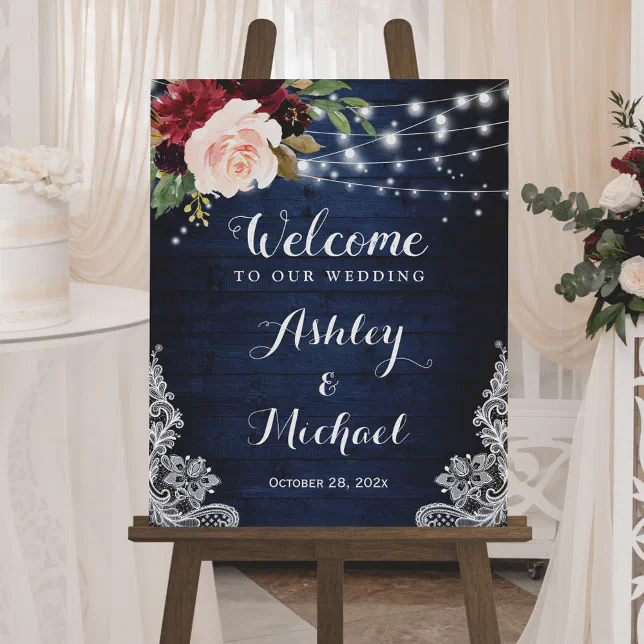 Rustic Navy Floral String Lights Lace Wedding Sign | Zazzle