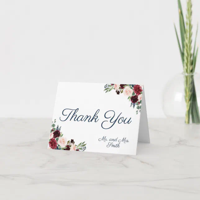 Rustic Navy Marsala Flowers Folded Thank You Cards | Zazzle