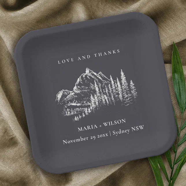 Rustic Navy Pine Woods Mountain Sketch Wedding Paper Plates | Zazzle