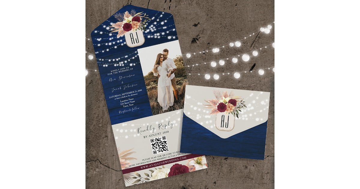 Rustic Navy QR Code All-in-One Invite | Zazzle