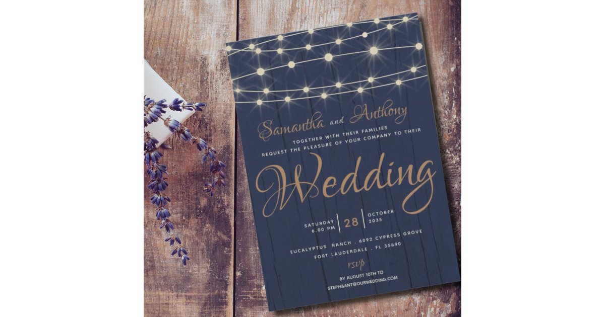 Rustic Navy String Lights Wedding Invitation | Zazzle