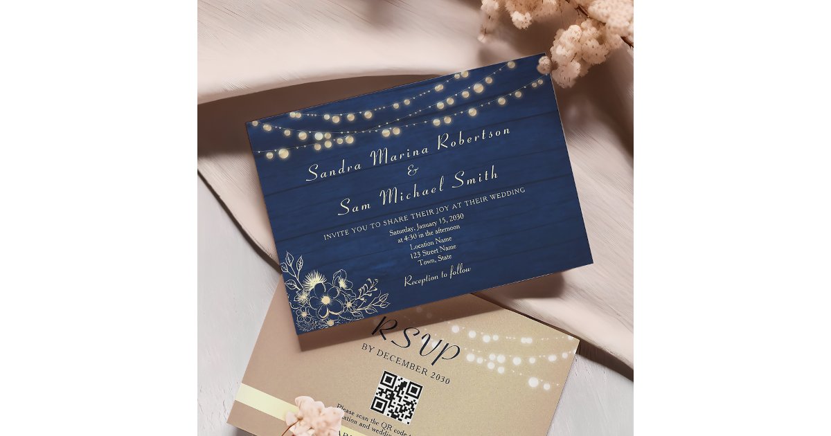 Rustic Navy String Lights Wedding Invite | Zazzle