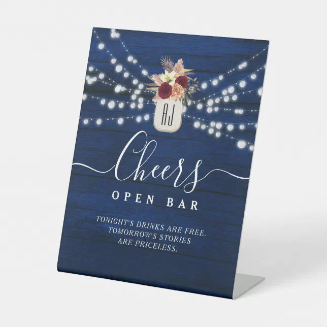 Rustic Navy Wedding Open Bar Sign with Lights | Zazzle