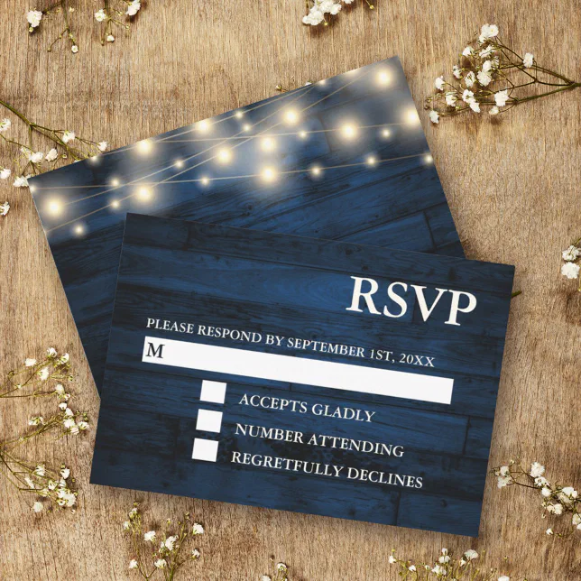 Rustic Navy Wood String Lights RSVP Cards | Zazzle