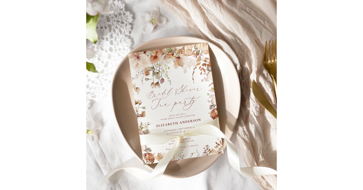 Rustic Neutral Boho Floral Bridal Tea Invitation | Zazzle
