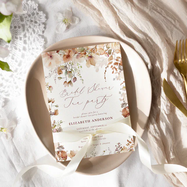 Rustic Neutral Boho Floral Bridal Tea Invitation | Zazzle