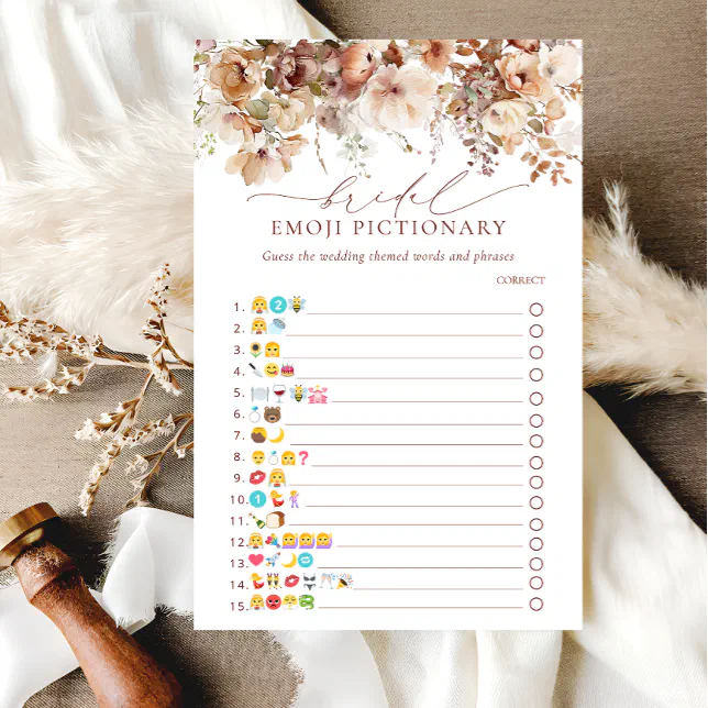 Rustic Neutral Boho Floral Emoji Pictionary Game | Zazzle