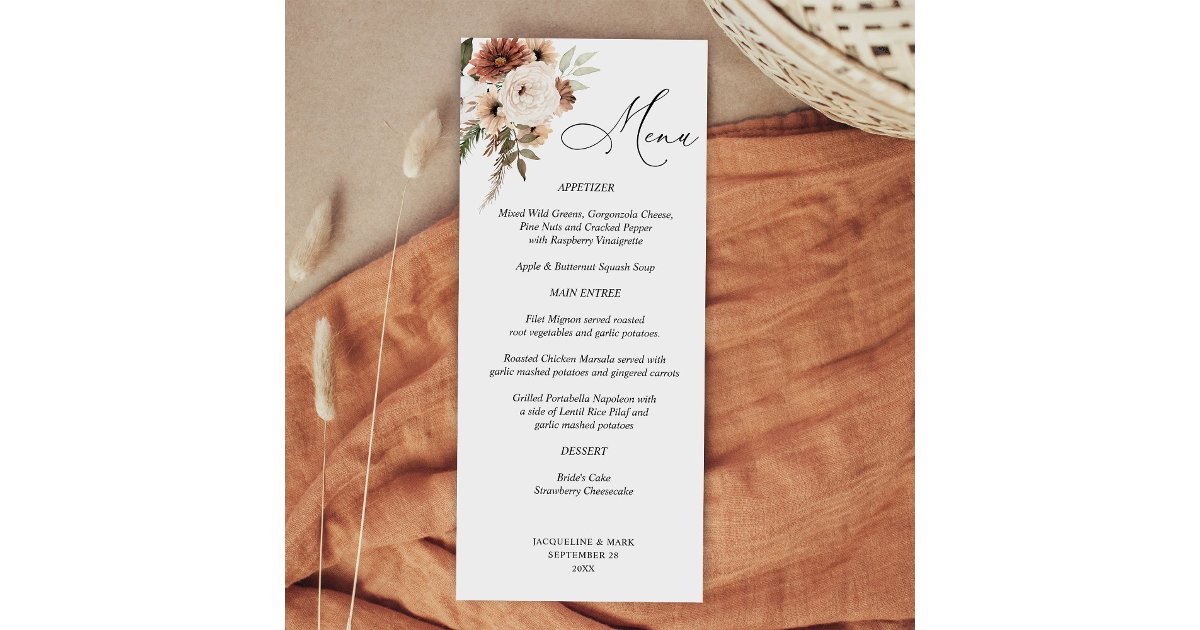 Rustic Neutral Boho Floral Menu | Zazzle