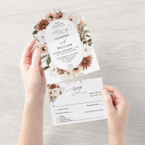 Rustic Neutral Boho Floral Wedding All In One Invitation | Zazzle