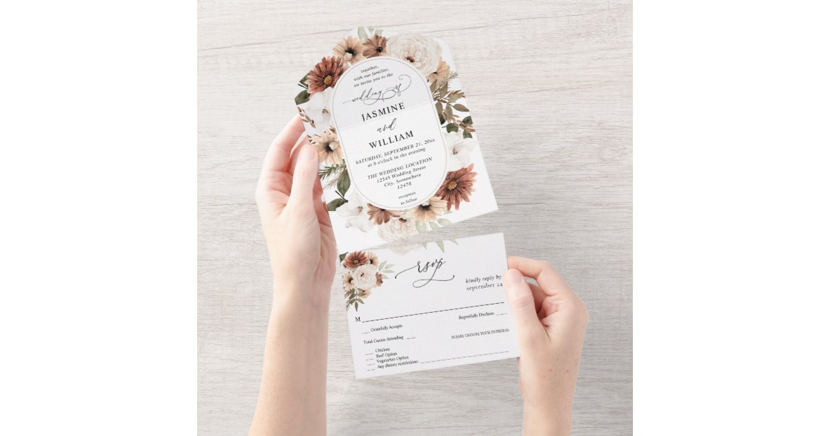 Rustic Neutral Boho Floral Wedding All In One Invitation | Zazzle
