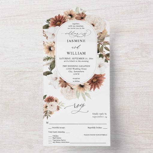 Rustic Neutral Boho Floral Wedding All In One Invitation | Zazzle