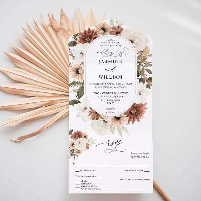 Rustic Neutral Boho Floral Wedding All In One Invitation | Zazzle