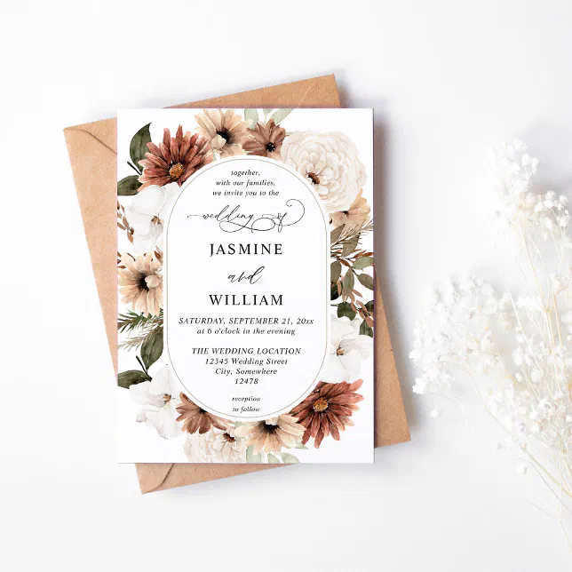 Rustic Neutral Boho Floral Wedding Invitation | Zazzle