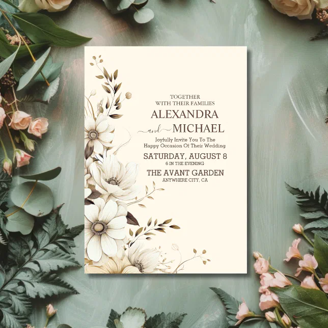Rustic Neutral Boho Floral Wedding Invitation | Zazzle