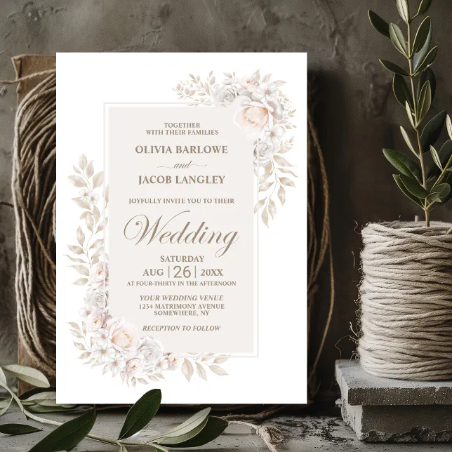 Rustic Neutral Floral Wedding Invitation | Zazzle