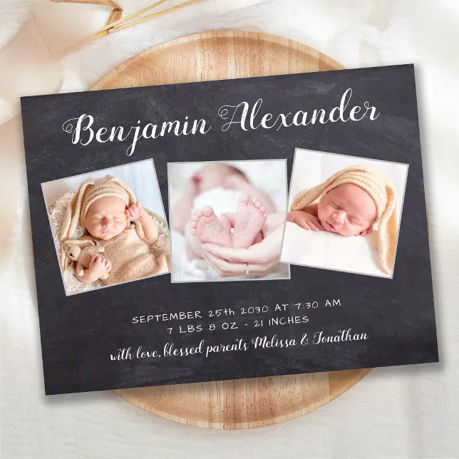 Rustic New Baby Chalkboard 3 Photo Birth Announcement Postcard | Zazzle
