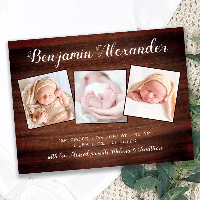 Rustic New Baby Country Wood 3 Photo Birth Announcement Postcard | Zazzle