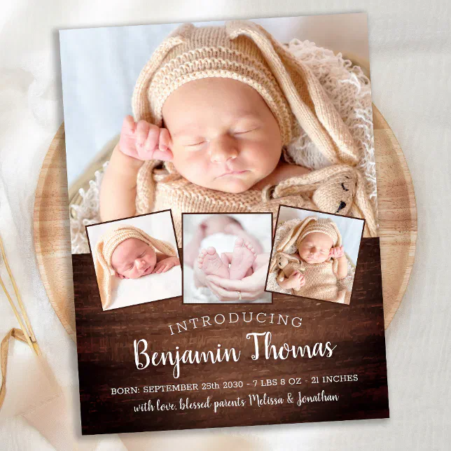 Rustic New Baby Custom 4 Photo Birth Announcement Postcard | Zazzle