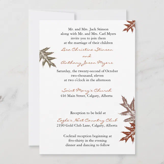 Rustic Oak Leaf Wedding Invitation | Zazzle