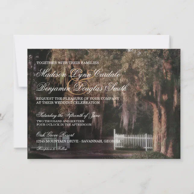 Rustic Oak Tree Picket Fence Wedding Invitations | Zazzle