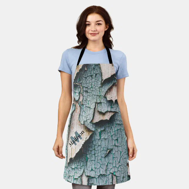 Rustic old blue green paint wood Custom Monogram Apron | Zazzle
