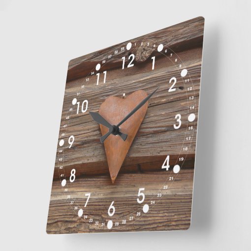 Rustic Old Heart on Log Cabin Wood Square Wall Clock | Zazzle