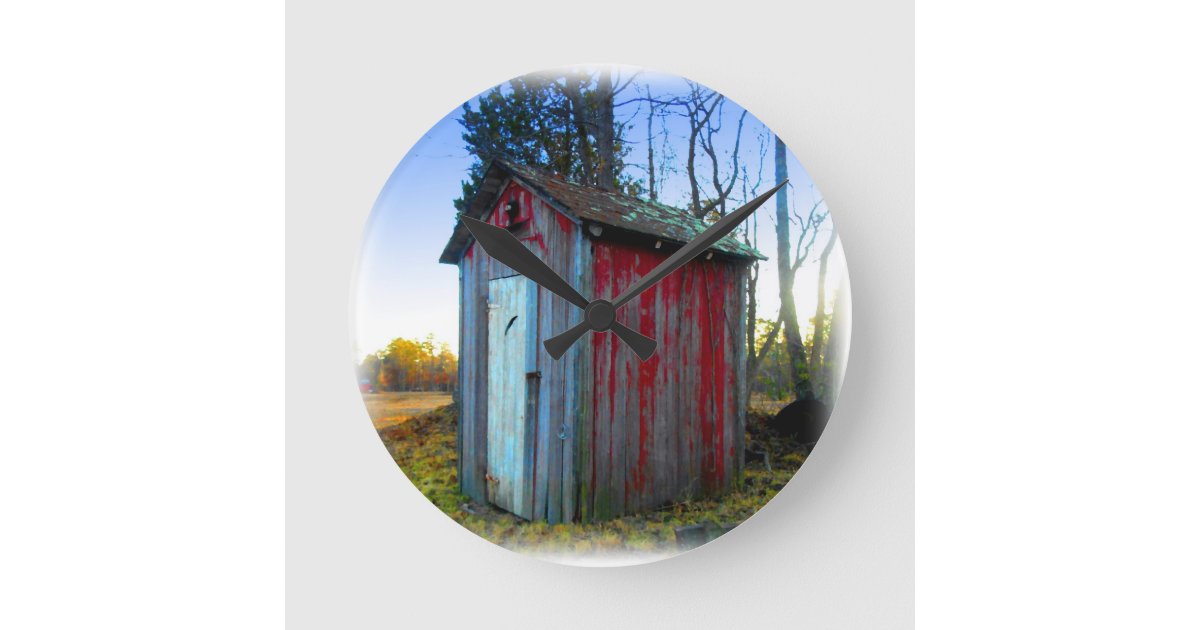Rustic Old Junk Yard Outhouse Round Clock | Zazzle