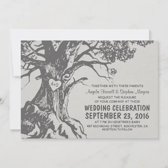 Rustic old oak tree gray wedding invitations | Zazzle