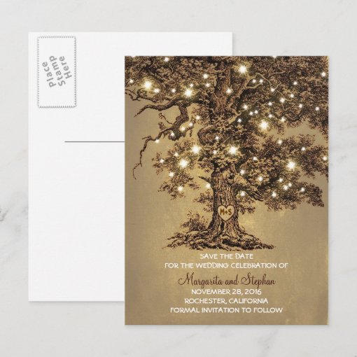 rustic old oak tree lights save the date postcards | Zazzle