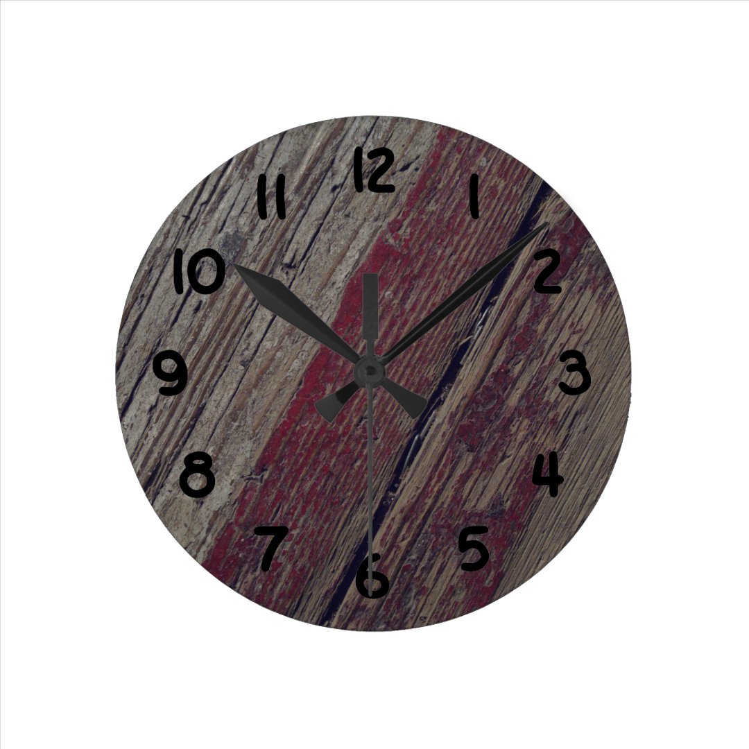 Rustic Old Wood With Red Paint Round Clock | Zazzle