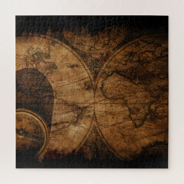 Rustic Old World Map and Compass Jigsaw Puzzle | Zazzle