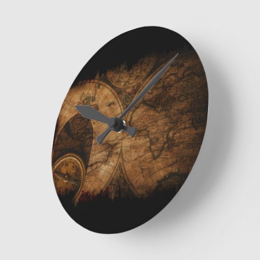 Rustic Old World Map and Compass Round Clock | Zazzle