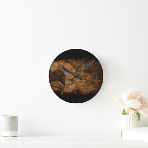 Rustic Old World Map and Compass Round Clock | Zazzle