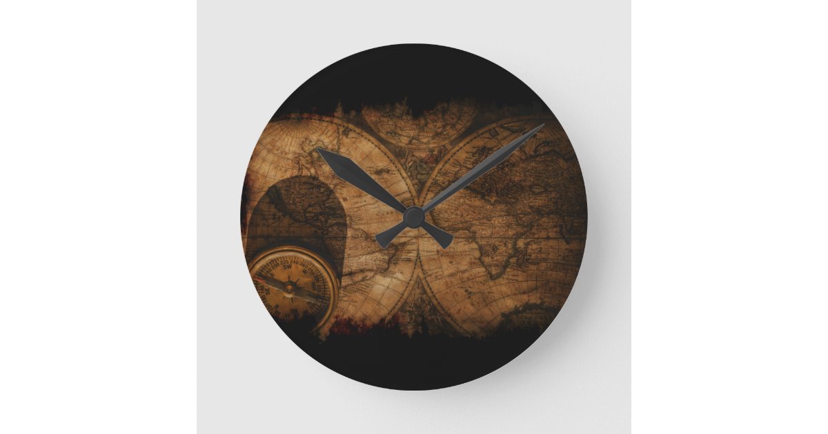 Rustic Old World Map and Compass Round Clock | Zazzle