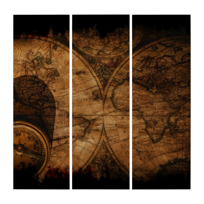 Rustic Old World Map and Compass Triptych | Zazzle