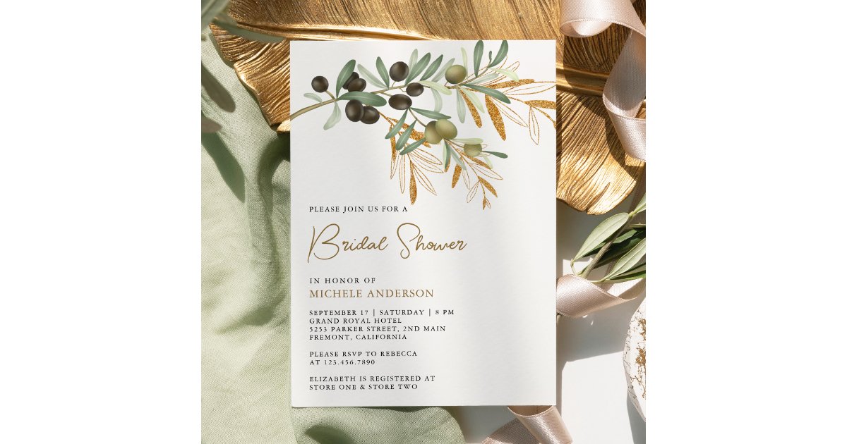 Rustic Olive Branch Leaves Bridal Shower Invitation | Zazzle