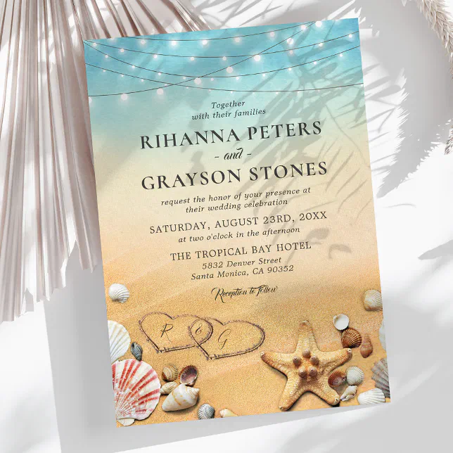 Rustic Ombre Beach Heart Shore Wedding Invitation | Zazzle