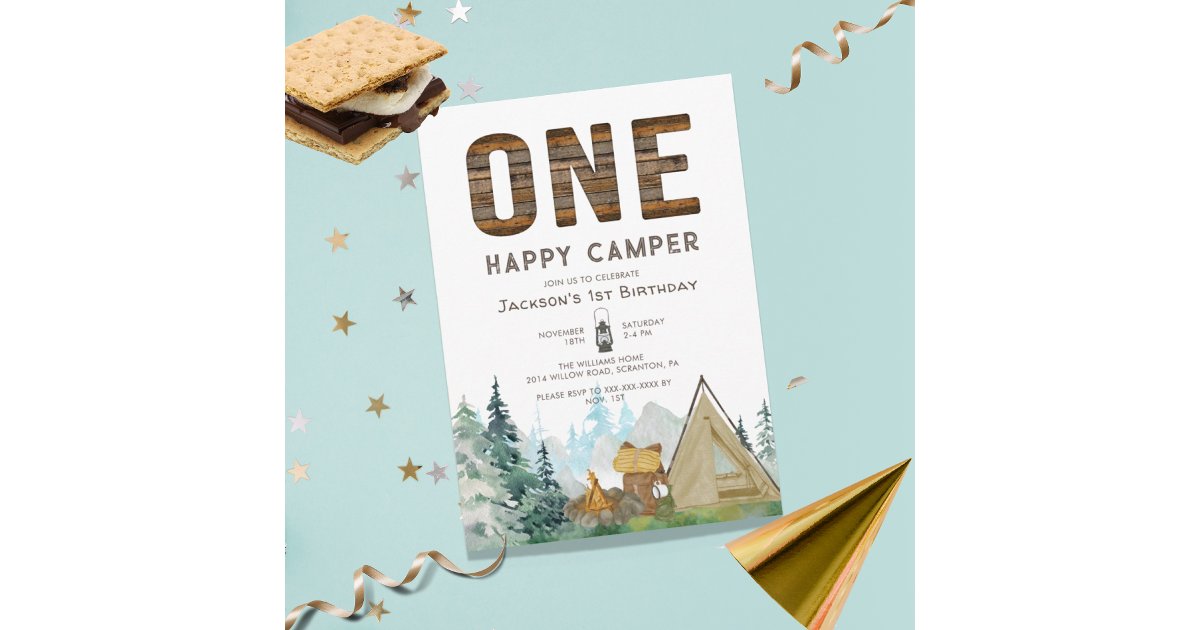 Rustic One Happy Camper Birthday Invitation | Zazzle