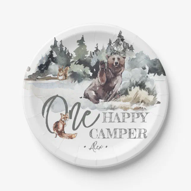 Rustic One Happy Camper Birthday Party Paper Plates | Zazzle