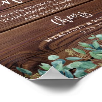Rustic Open Bar Greenery String Lights Wedding Poster | Zazzle