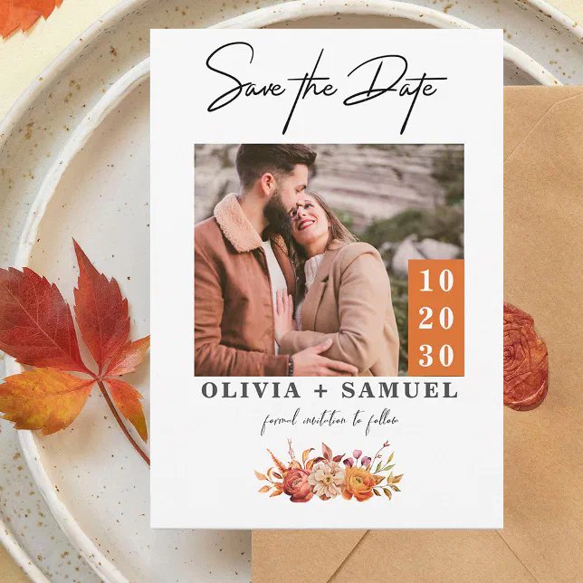 Rustic Orange Autumn Photo Wedding Save the Date Invitation | Zazzle
