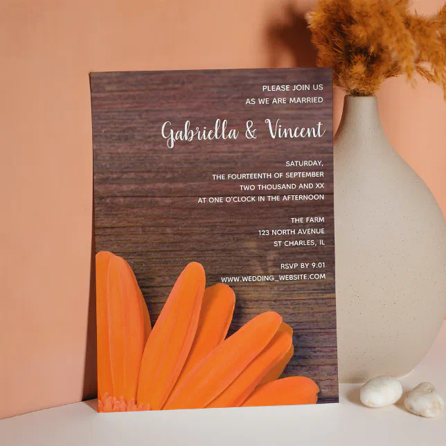 Rustic Orange Daisy and Barn Wood Wedding Invitation | Zazzle