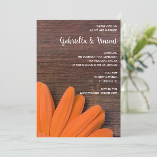 Rustic Orange Daisy and Barn Wood Wedding Invitation | Zazzle