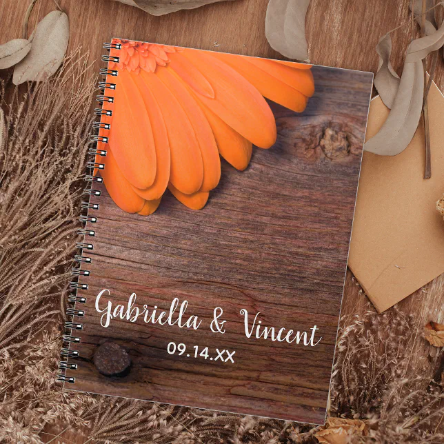 Rustic Orange Daisy Country Barn Wood Wedding Notebook | Zazzle