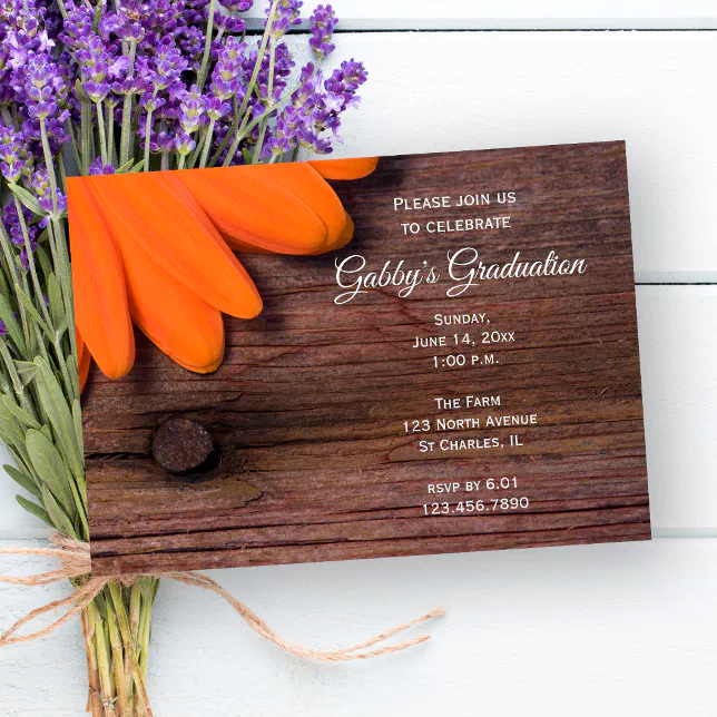 Rustic Orange Daisy Graduation Barn Party Invitation | Zazzle