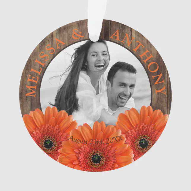 Rustic Orange Daisy Photo Wedding Save the Date Ornament | Zazzle