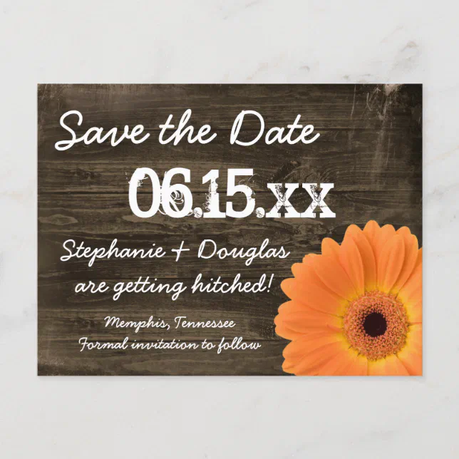 Rustic Orange Daisy Wood Save The Date Postcards | Zazzle