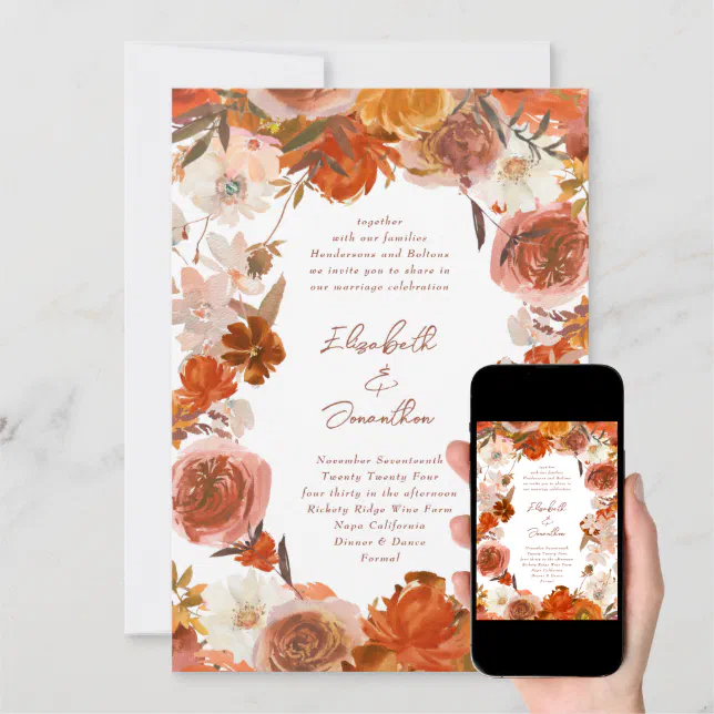 Rustic Orange Floral Boho Frame Bouquet Wedding Invitation | Zazzle