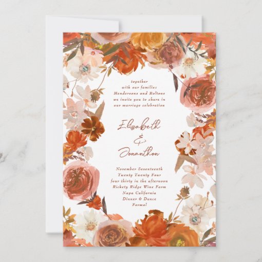 Rustic Orange Floral Boho Frame Bouquet Wedding Invitation | Zazzle