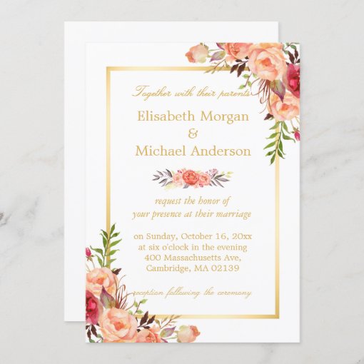 Rustic Orange Floral Chic Gold White Fall Wedding Invitation | Zazzle